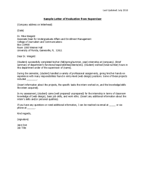 Fillable Online Sample Letter of Evaluation for Internship - 2016 Fax ...