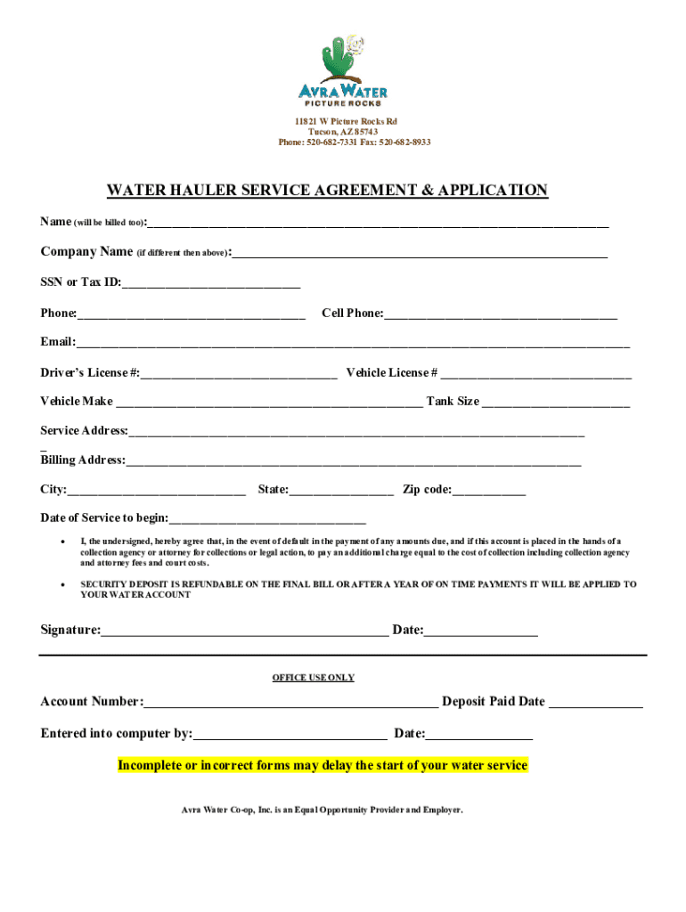 Fillable Online Water Hauler Service Agreement & Application 2023 - Tucson Az Fax Email Print ...