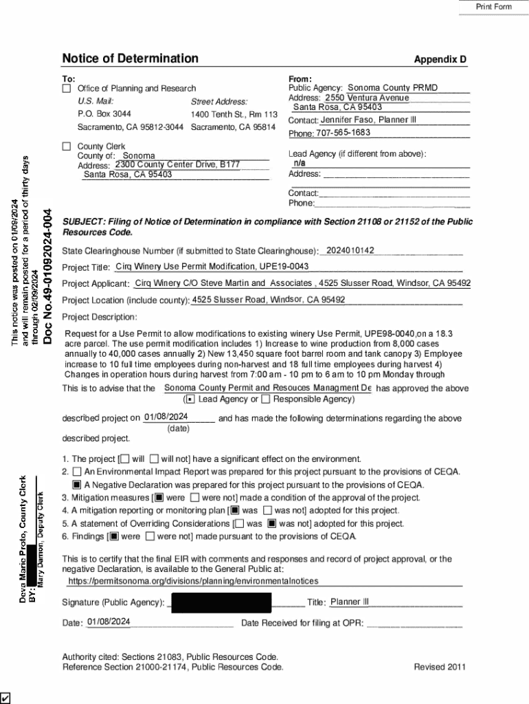 Fillable Online Notice of Determination for Cirq Winery Use Permit ...