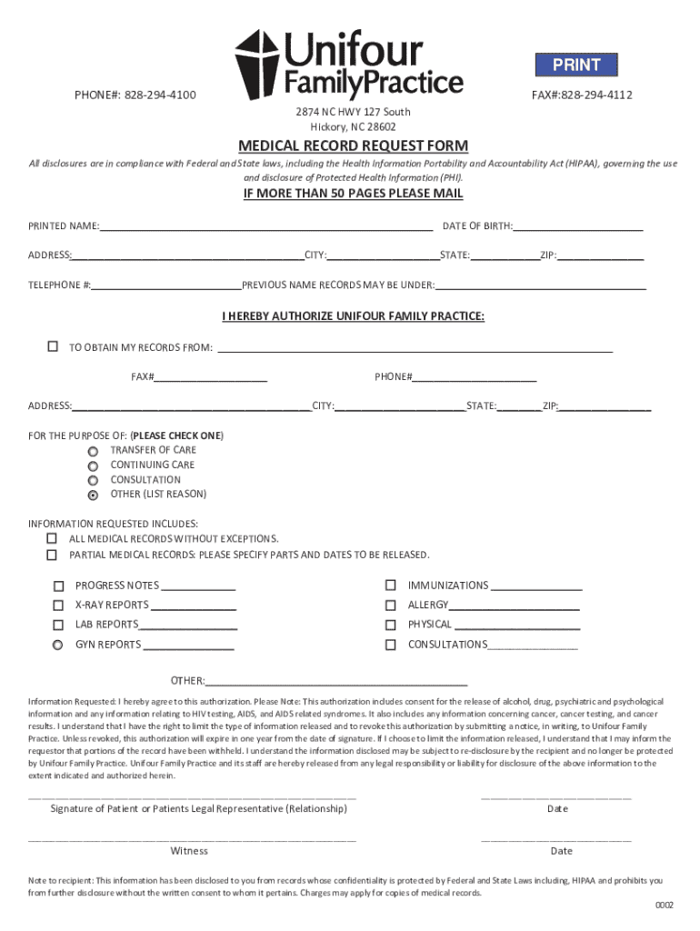 Fillable Online Medical Record Request Form - Unifour Family Practice 2023 Fax Email Print ...