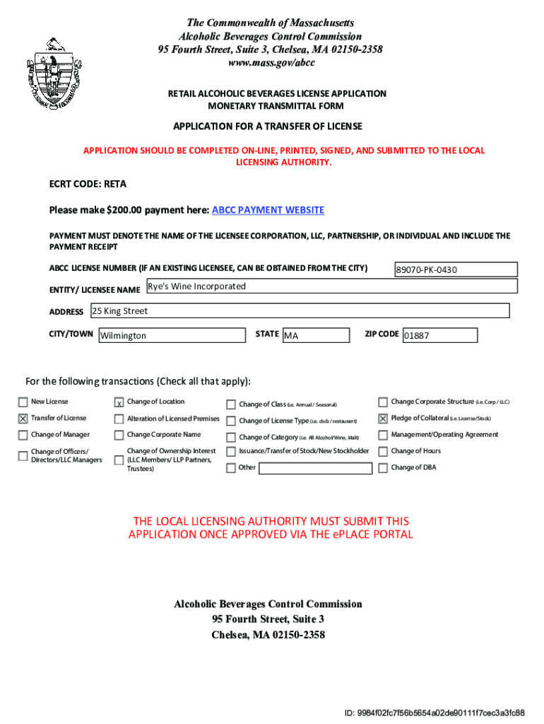 Fillable Online Massachusetts Retail Alcoholic Beverages License ...
