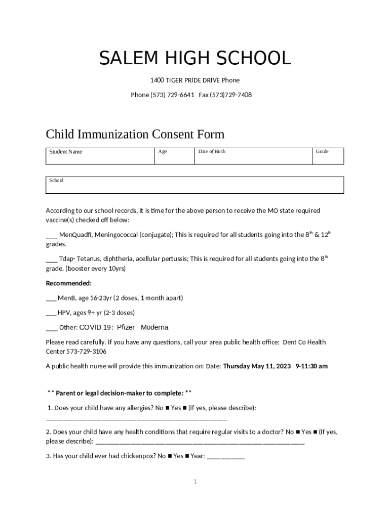 Child Immunization Consent Doc Template | pdfFiller