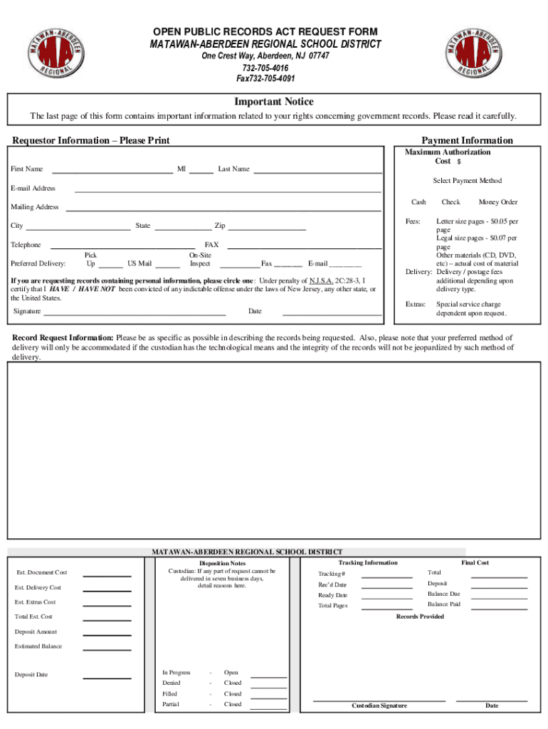 Fillable Online Open Public Records Act Request Form 2023 - Matawan ...