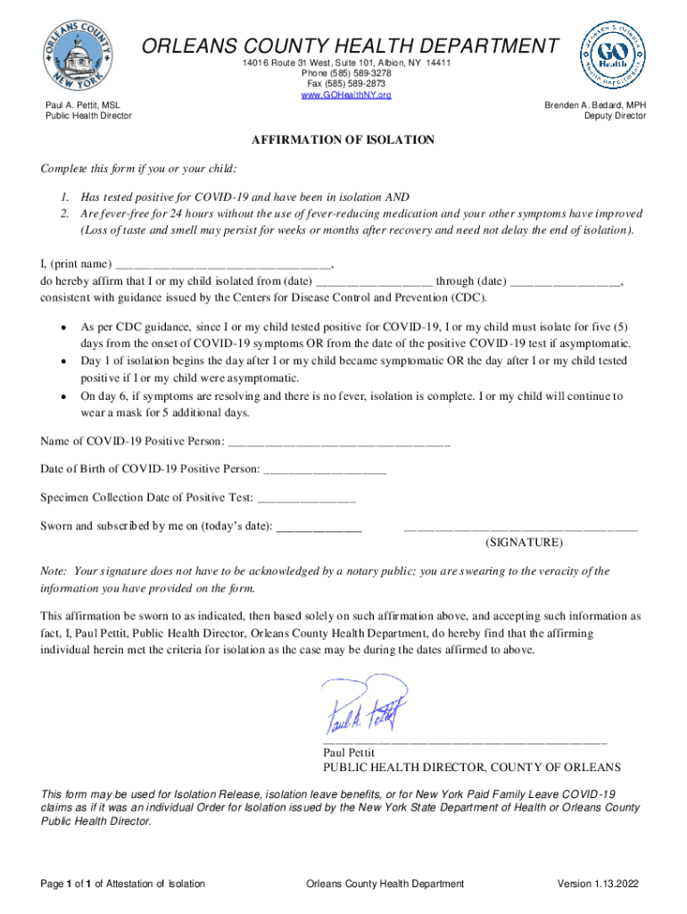 Fillable Online Department Of Health Affirmation IsolationFinding ...