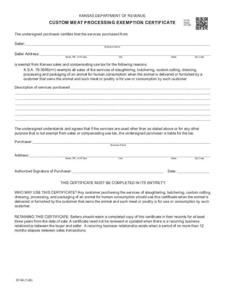 Fillable Online ST-64 - Custom Meat Processing Exemption Certificate ...