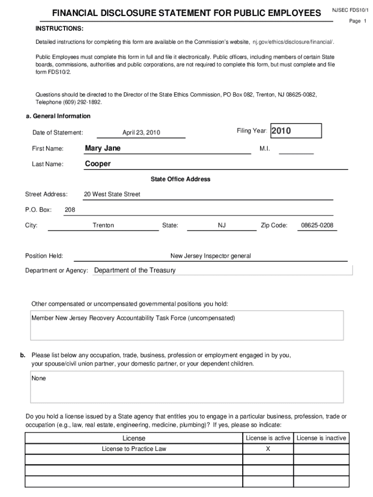Fillable Online Financial Disclosure Statement for Public Employees ...