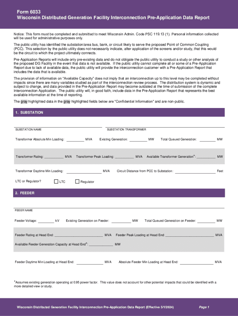 Fillable Online Form 6033 Wisconsin Distributed Generation Facility ...