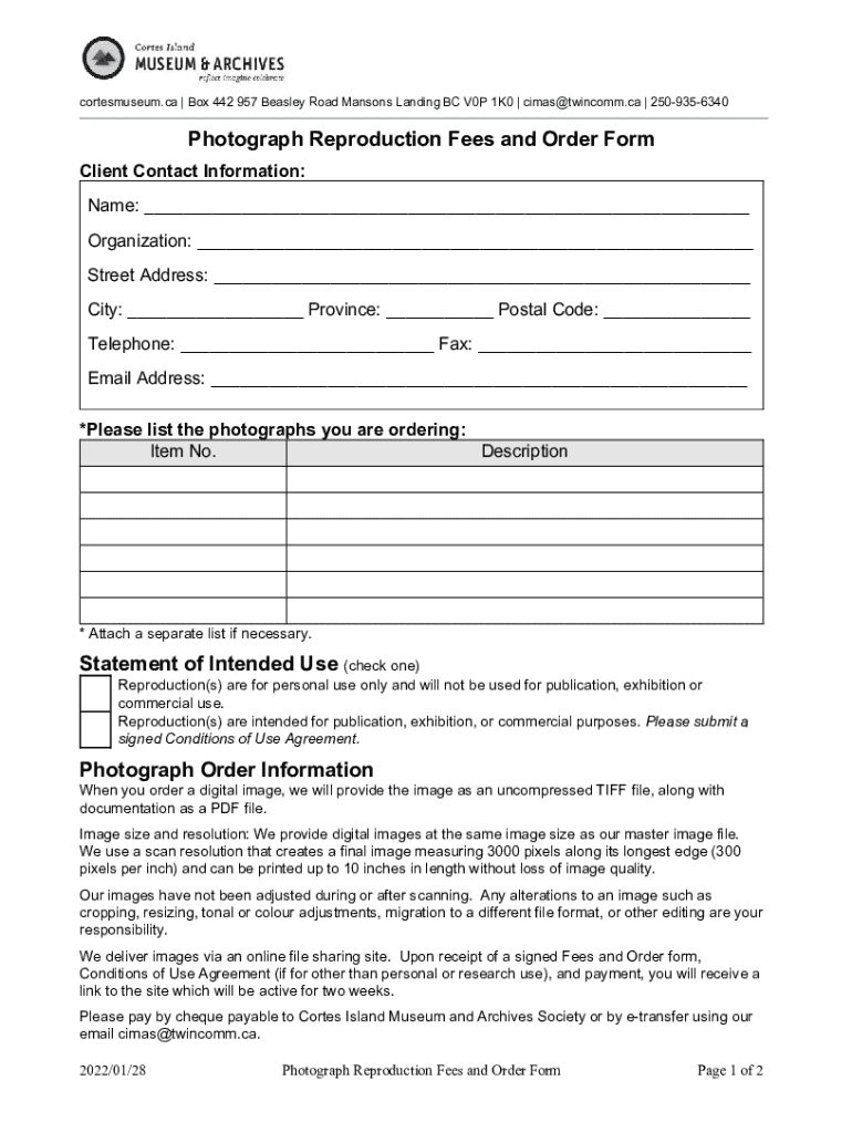 Fillable Online Photograph Reproduction Fees and Order Form Fax Email Print - pdfFiller