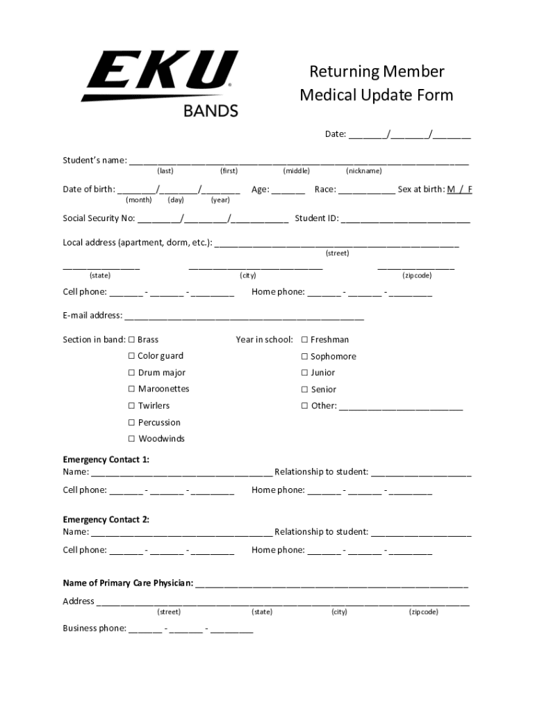 Fillable Online Returning Member Medical Update Form Fax Email Print ...