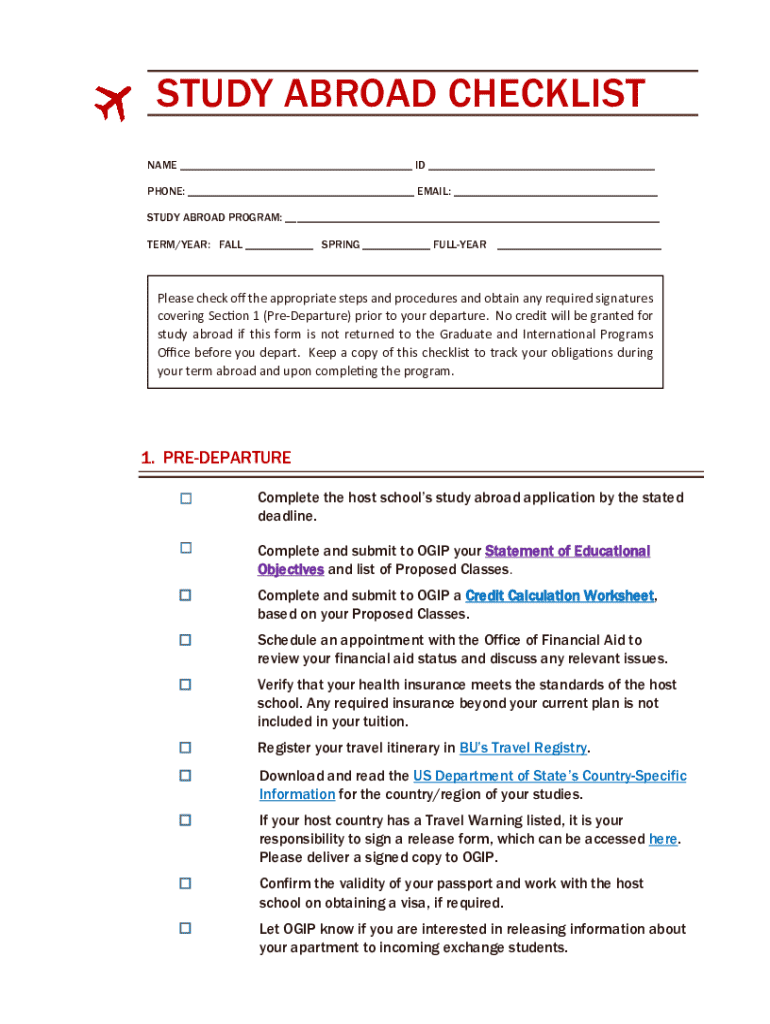 Fillable Online Essential Study Abroad Checklist 2023 for Students Fax Email Print - pdfFiller