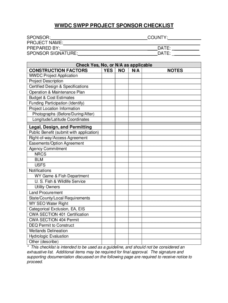 Fillable Online 2023 Wwdc Swpp Project Sponsor Checklist for Approval ...