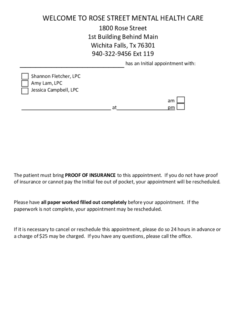 Fillable Online Rose Street Mental Health Care Appointment Information ...