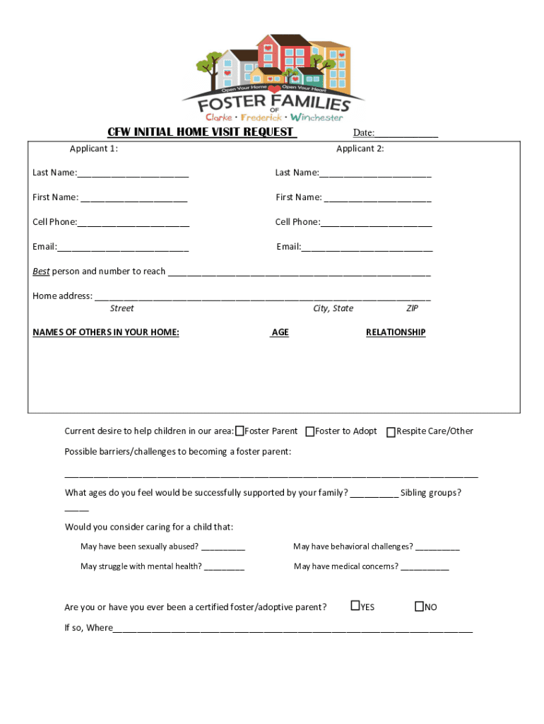 Fillable Online CFW INITIAL HOME VISIT REQUEST - Foster Care Fax Email ...
