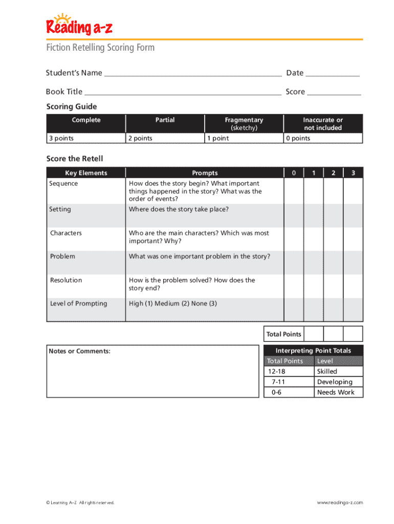 Fillable Online raz retell fiction.pdf - Fiction Retelling Scoring Form ...