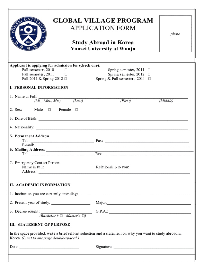 Fillable Online GLOBAL VILLAGE PROGRAM APPLICATION FORM Fax Email Print ...