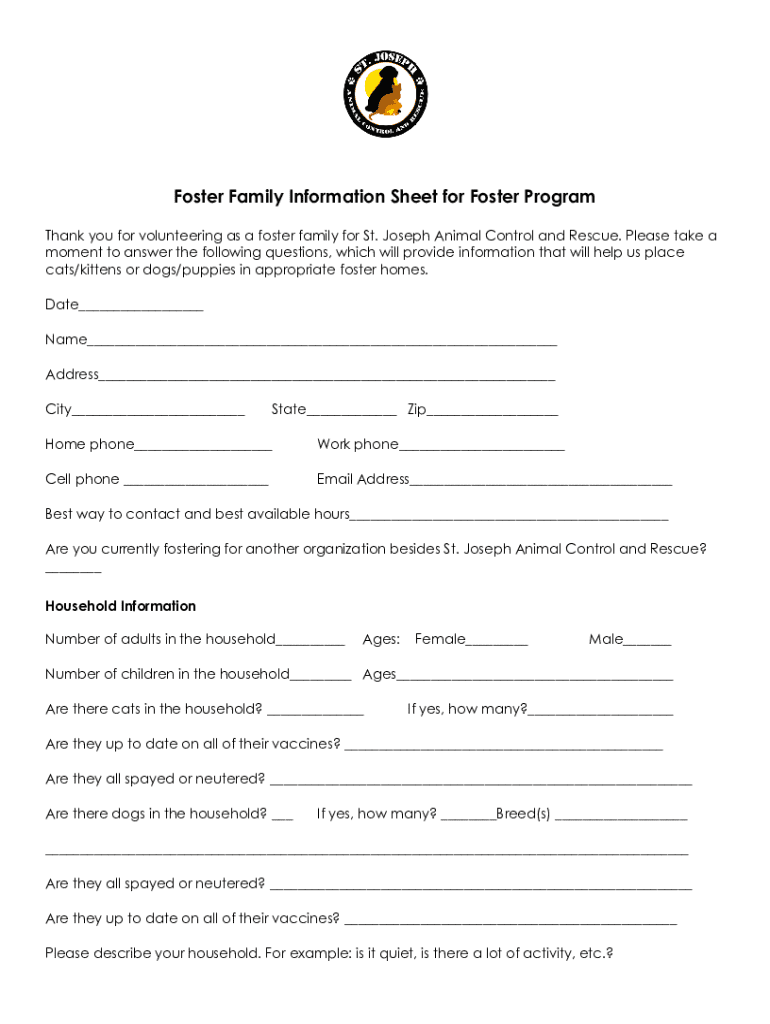 Fillable Online Foster Family Information Sheet for Foster Program Fax Email Print - pdfFiller