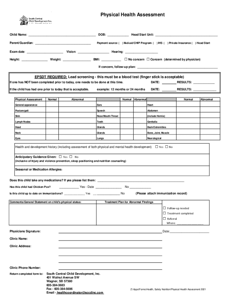 Fillable Online 2021 Physical Health Assessment for Children: a ...