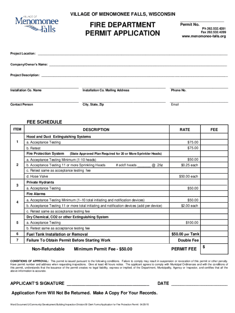 Fillable Online FIRE DEPARTMENT PERMIT APPLICATION - Menomonee Falls ...
