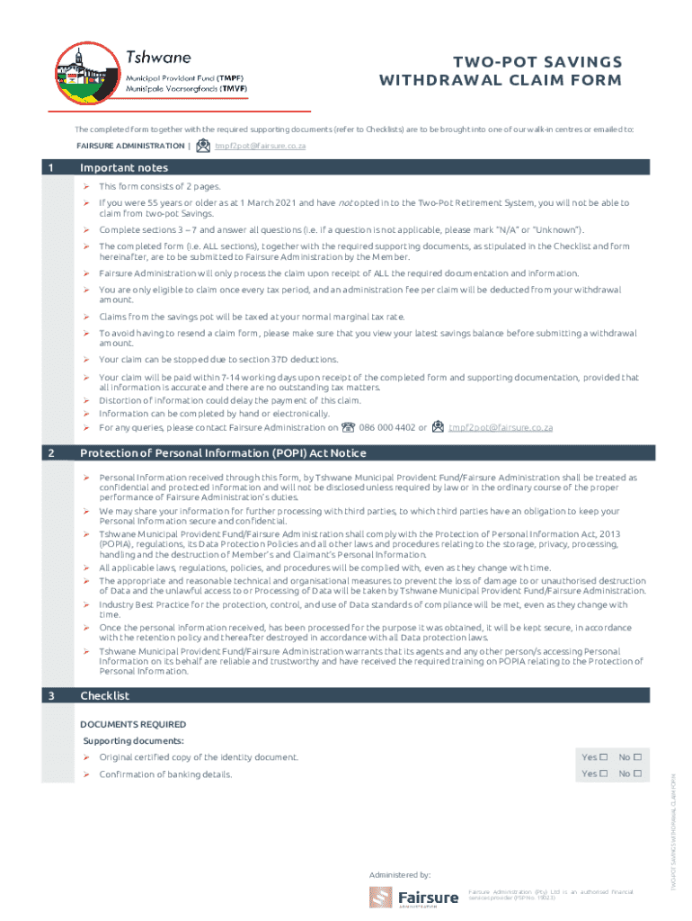 Fillable Online TWO-POT SAVINGS WITHDRAWAL CLAIM FORM DEATH CLAIM ...