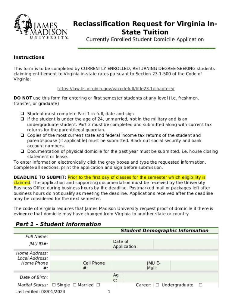 Reclassification Request for Virginia in-state Tuition Doc Template | pdfFiller