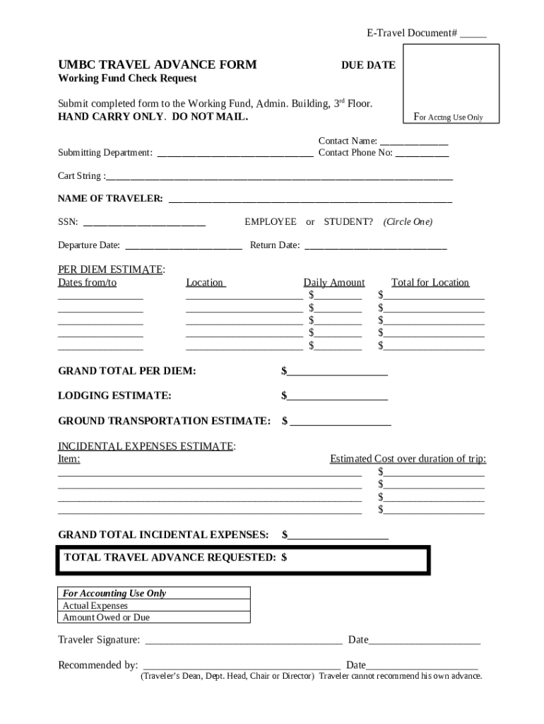 Umbc Travel Advance Doc Template | pdfFiller