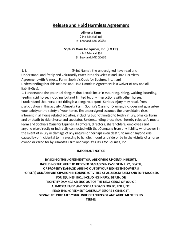 Release and Hold Harmless Agreement Doc Template | pdfFiller