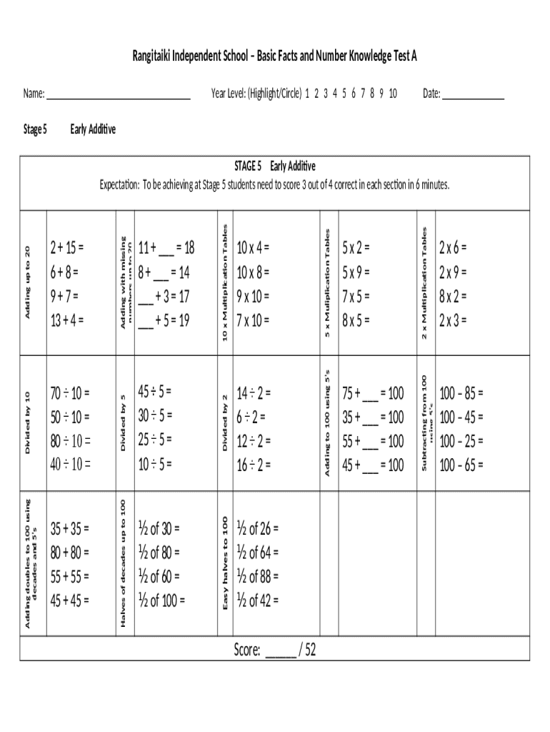 Rangitaiki Independent School – Basic Facts and Number Knowledge Test a ...