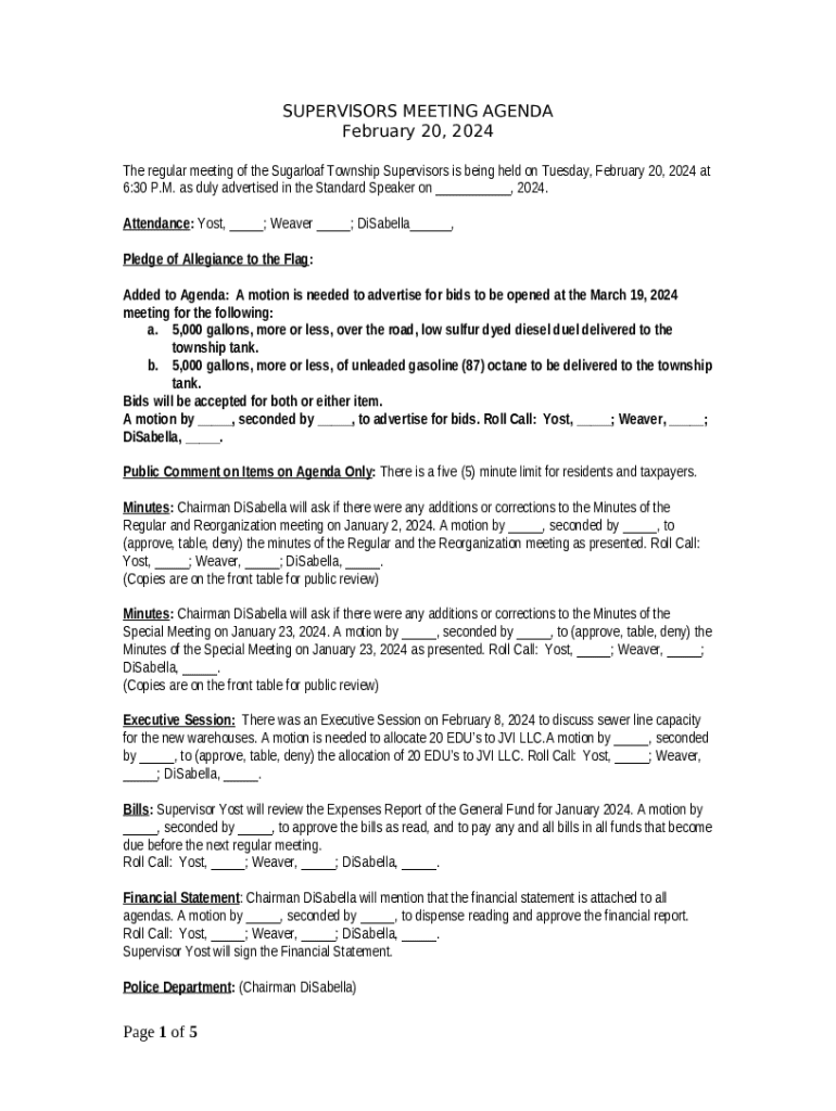 Supervisors Meeting Agenda Doc Template | pdfFiller