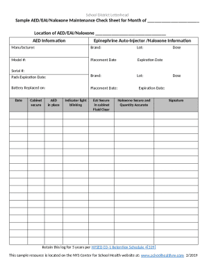Sample Aed/eai/naloxone Maintenance Check Sheet Doc Template | pdfFiller