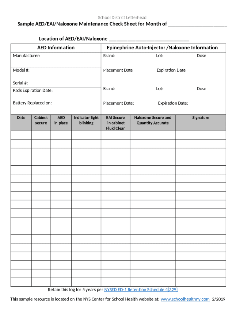 Sample Aed/eai/naloxone Maintenance Check Sheet Doc Template | pdfFiller