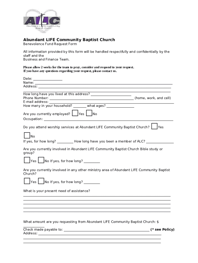 Benevolence Fund Request Doc Template | pdfFiller