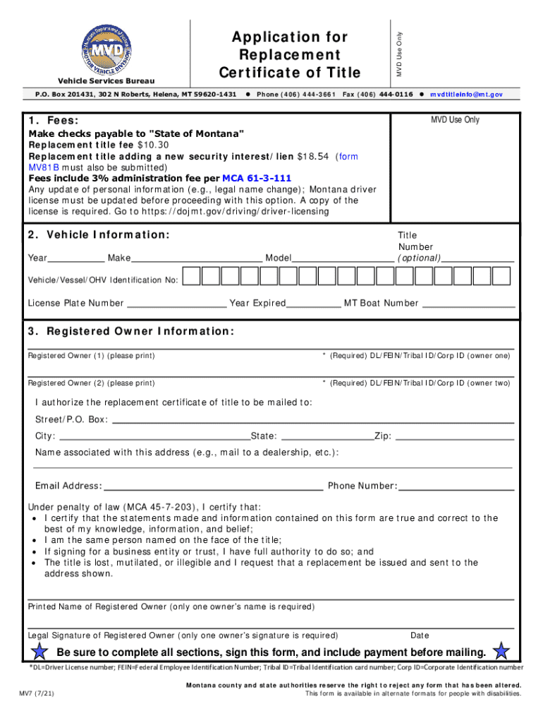 Fillable Online 2023 Montana Application for Replacement Title ...