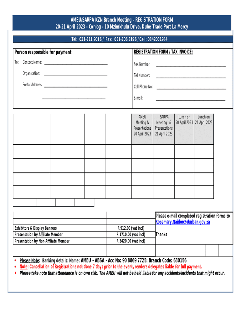 Ameu/sarpa Kzn Branch Meeting Registration Doc Template | pdfFiller