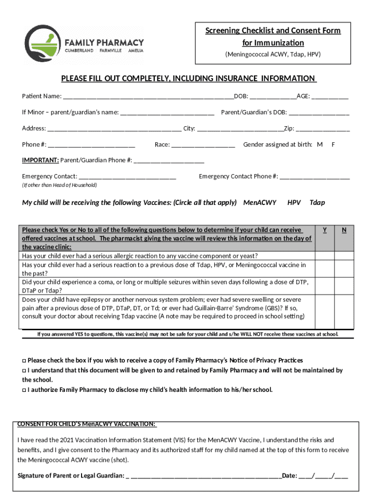Screening Checklist and Consent for Immunization Doc Template | pdfFiller