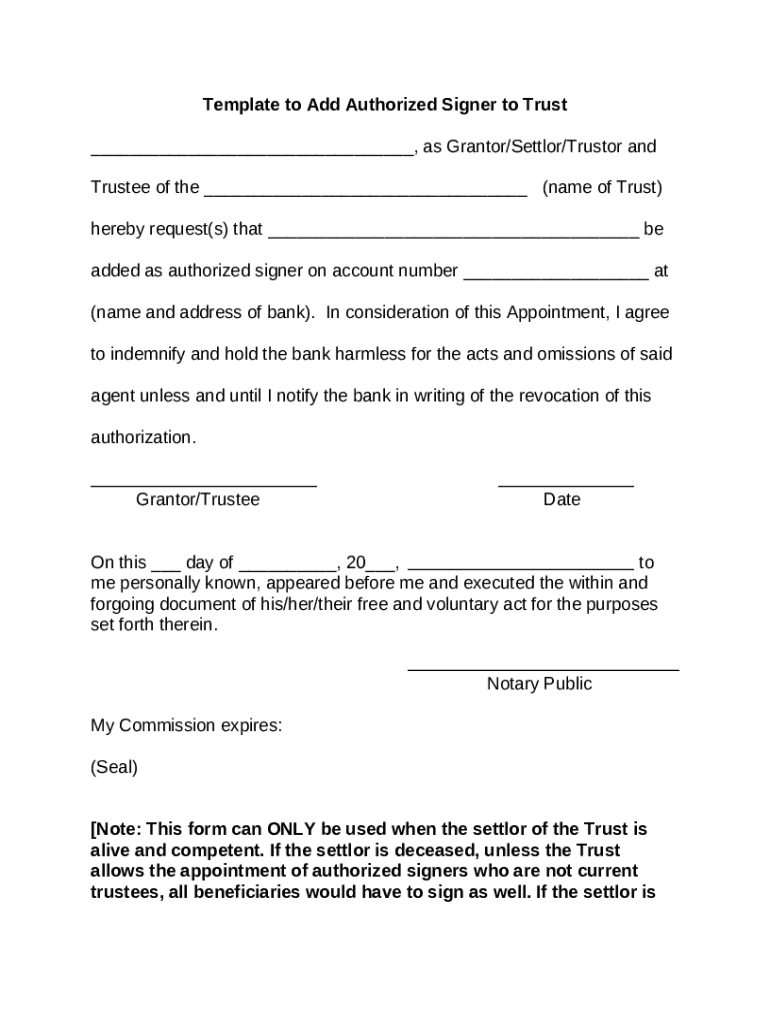 Template to Add Authorized Signer to Trust Doc Template | pdfFiller