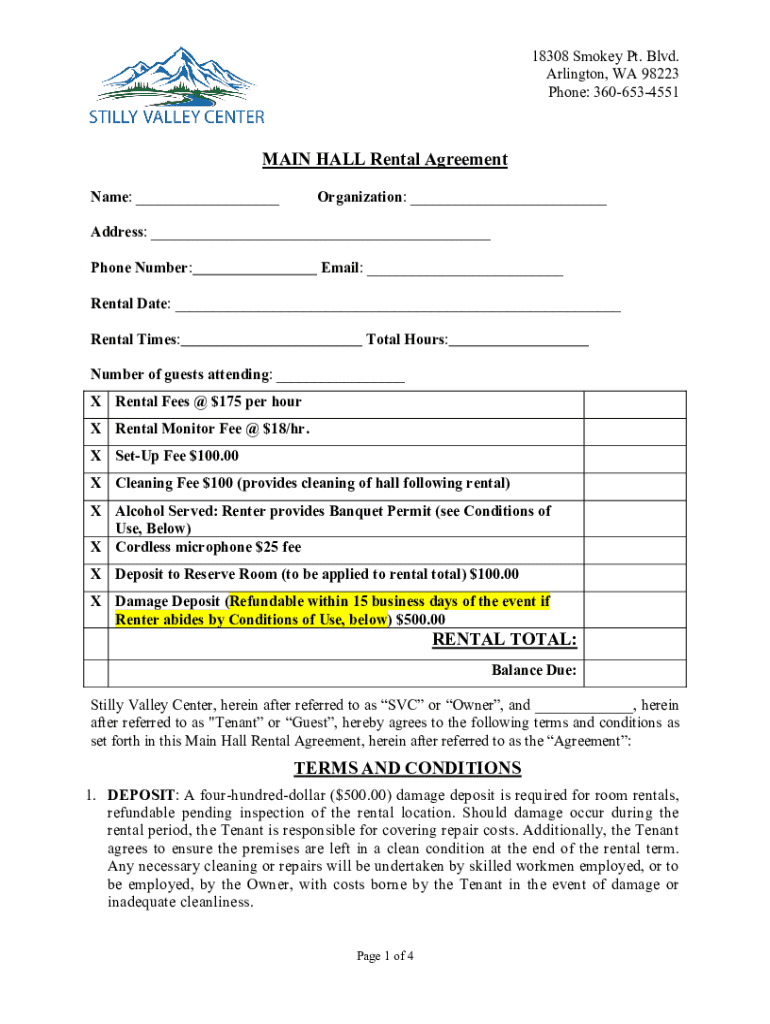 Fillable Online MAIN HALL Rental Agreement Fax Email Print - pdfFiller