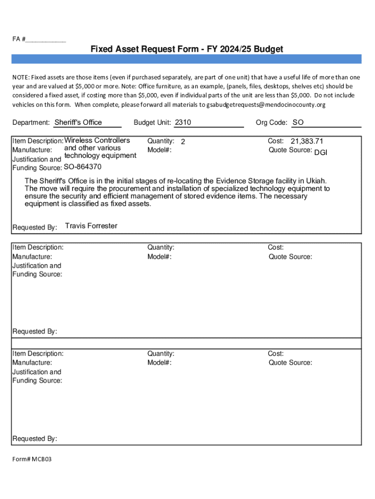 Fillable Online Fixed Asset Request Form for Fy 2024/25 Budget ...