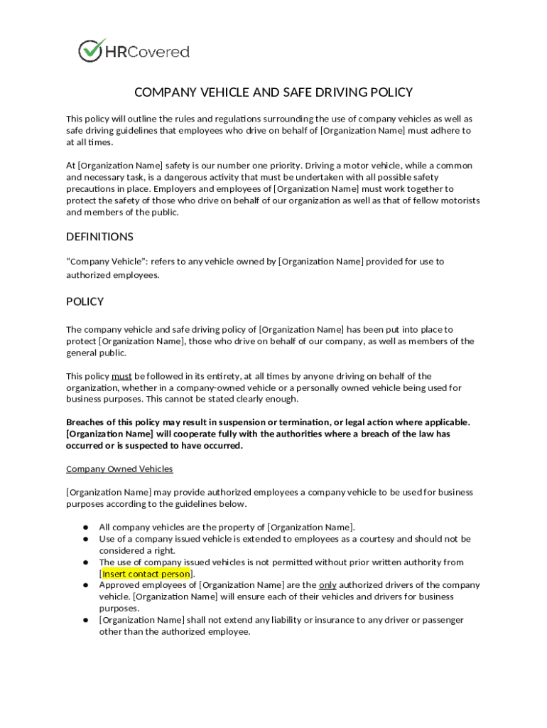 Company Vehicle and Safe Driving Policy Doc Template | pdfFiller
