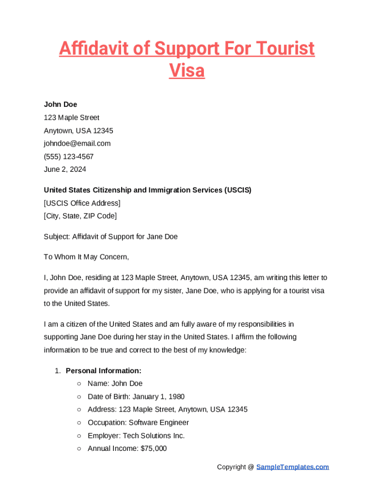 Affidavit of Support for Tourist Visa Doc Template | pdfFiller