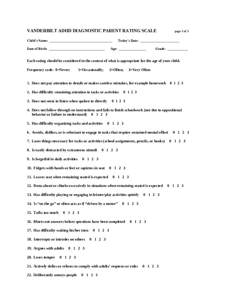 VANDERBILT ADHD DIAGNOSTIC PARENT RATING SCALEpage 1 of 3 Doc Template ...
