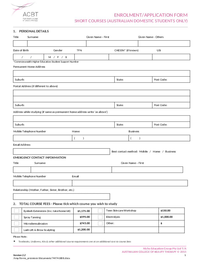 Enrolment/application Doc Template | pdfFiller