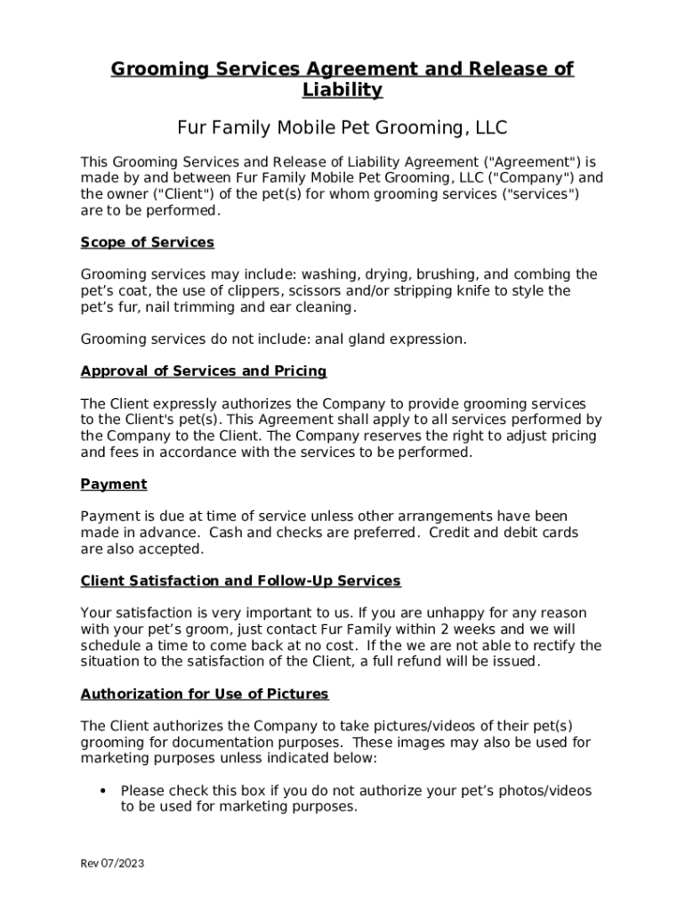 Grooming Services and Release of Liability Agreement Doc Template ...