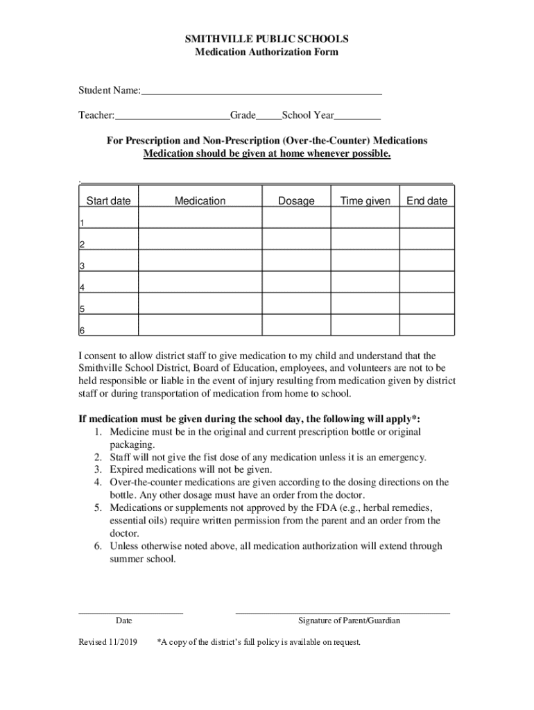 Fillable Online Smithville Public Schools Medication Authorization Form ...