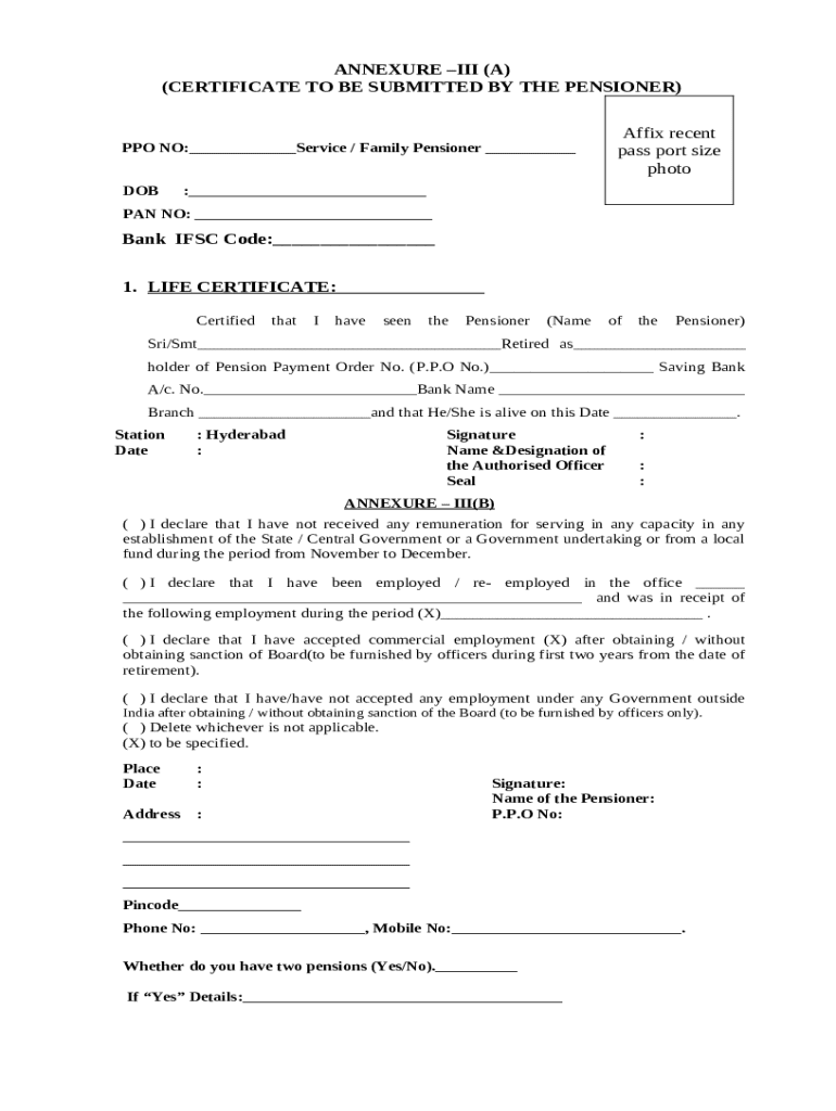 Life Certificate and Employment Declaration for Pensioners Doc Template ...