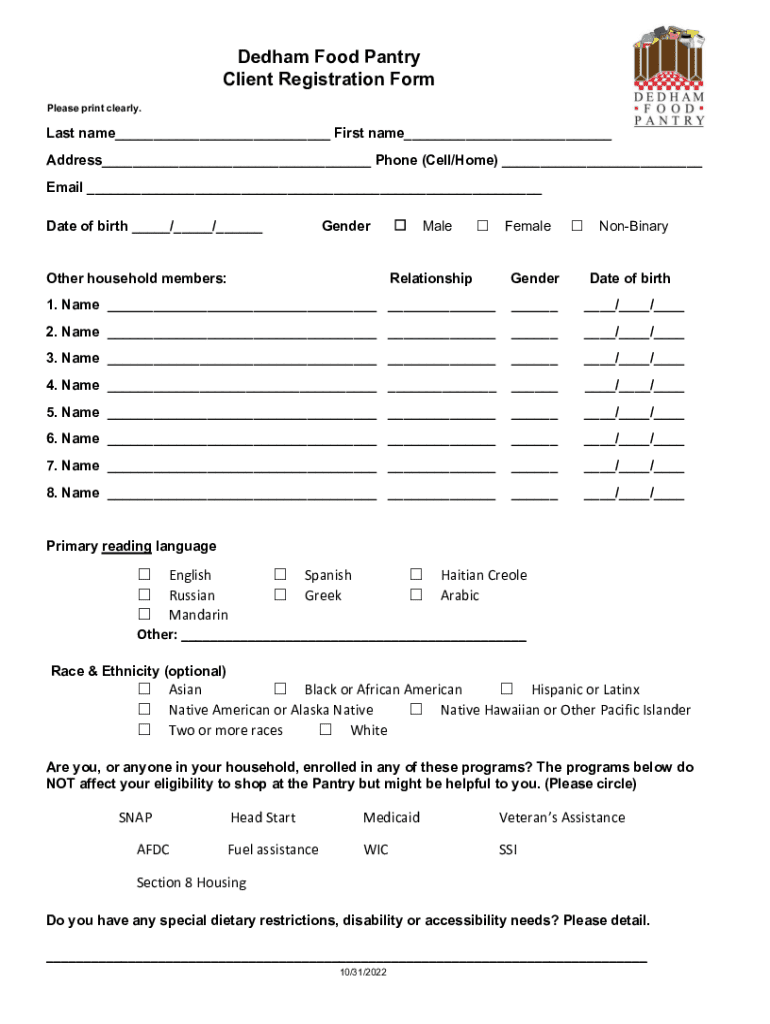 Fillable Online Dedham Food Pantry Client Registration Form Fax Email ...