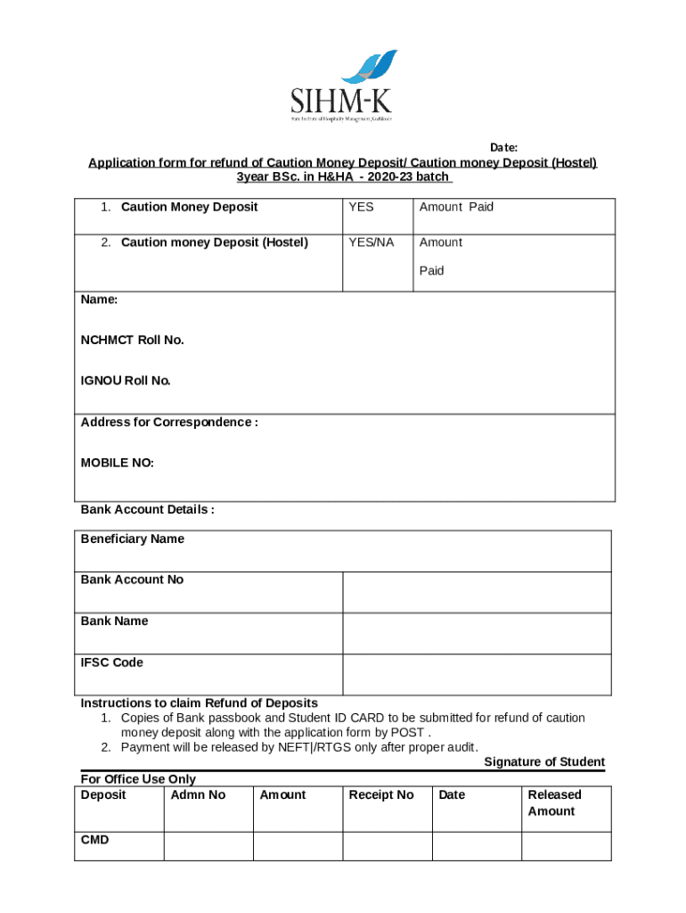 Refund of Caution Money and Library - Laboratory ... Doc Template | pdfFiller