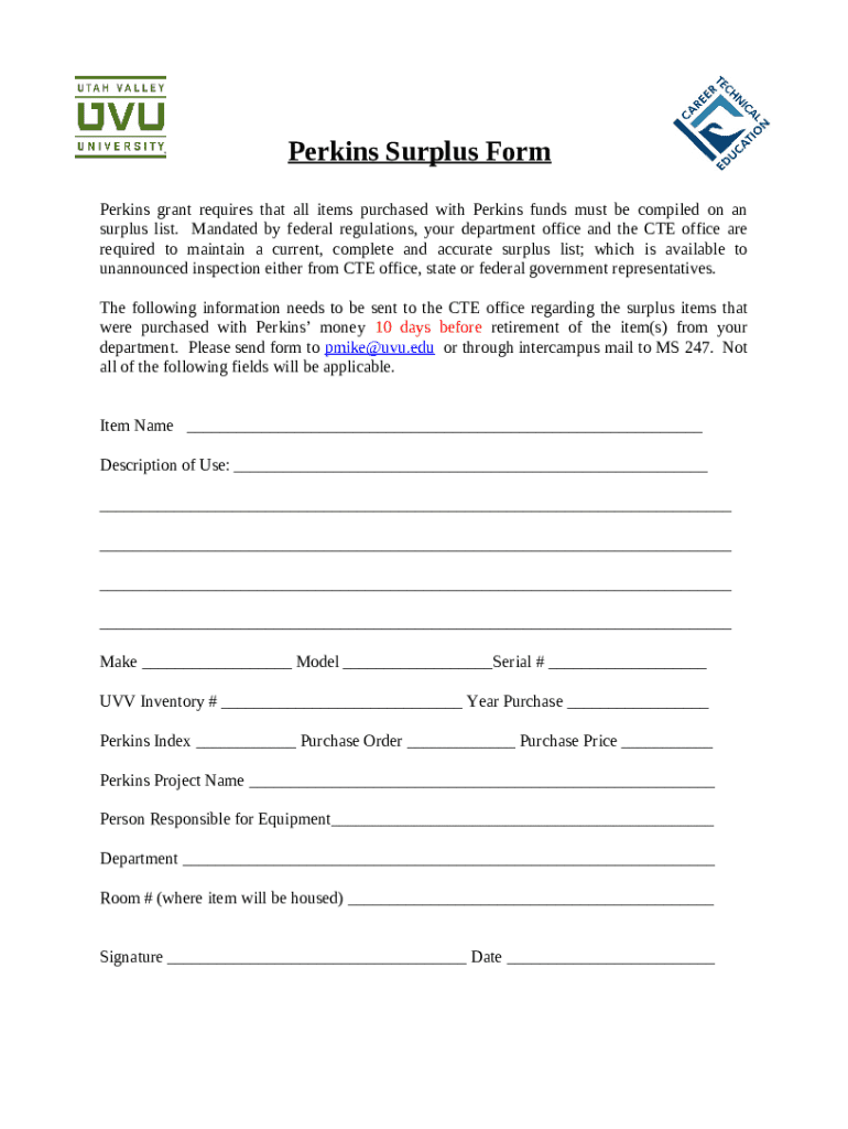 CTE Perkins Surplus Doc Template | pdfFiller