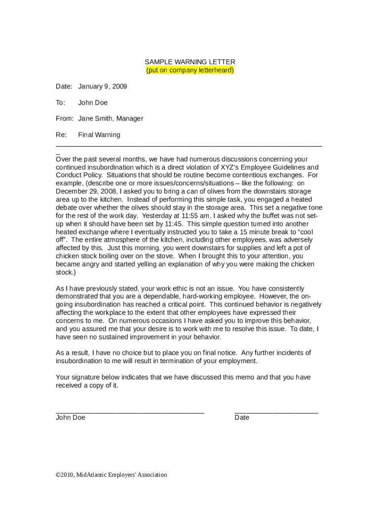 Sample Warning Letter Doc Template | pdfFiller