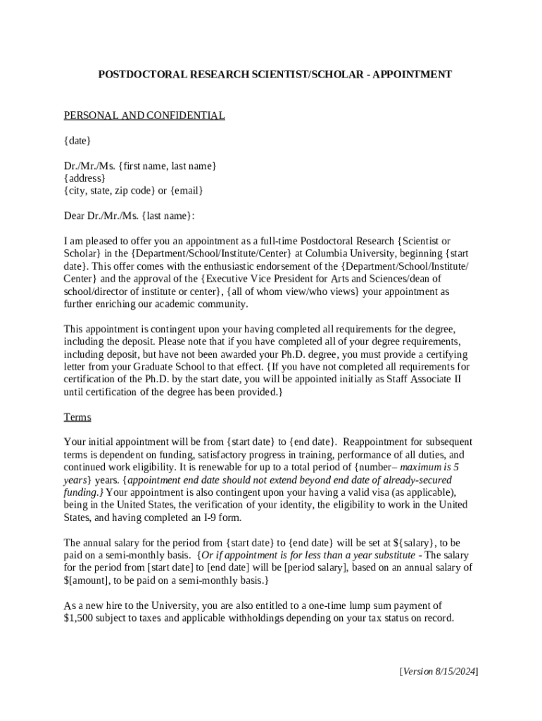 Postdoctoral Research Scientist Appointment Letter Doc Template | pdfFiller