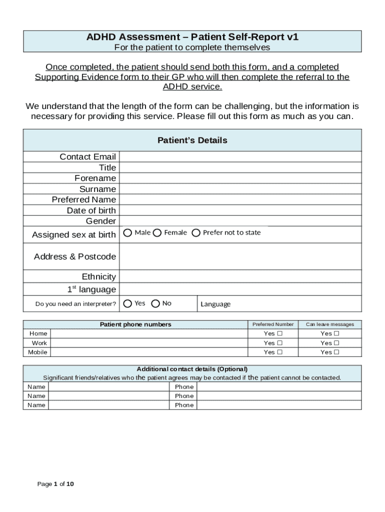 Adhd Assessment – Patient Self-report V1 Doc Template | pdfFiller